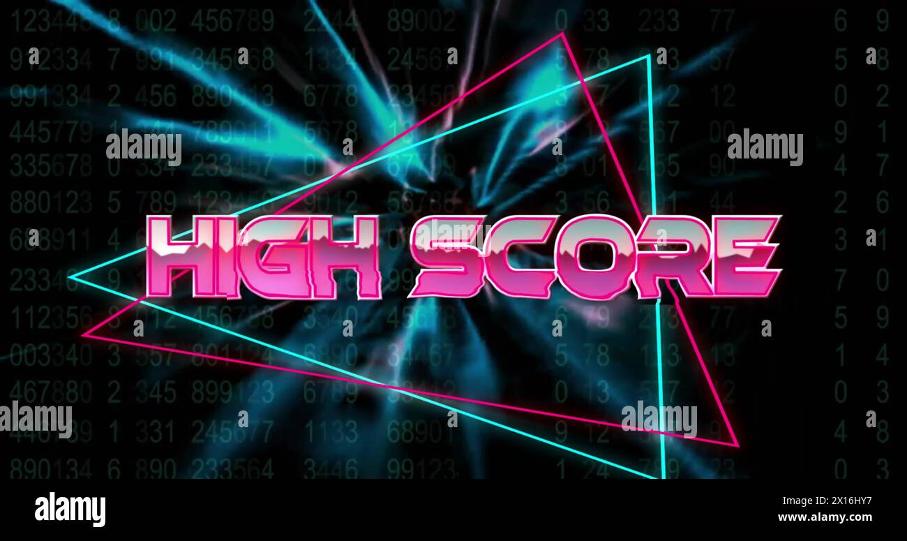 Image of high score text over neon pattern. Global image game, digital ...