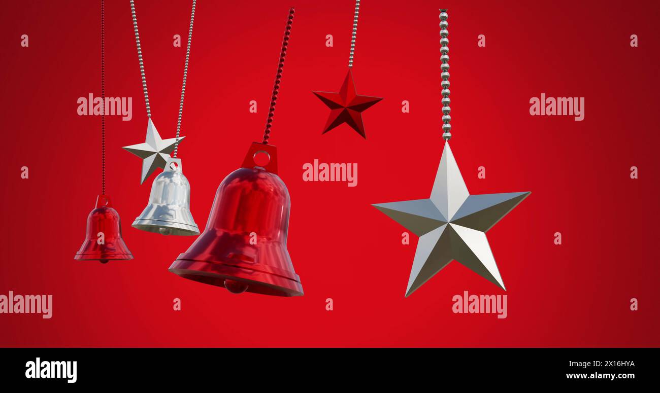 Image of multiple bells and stars hanging and swinging against red ...