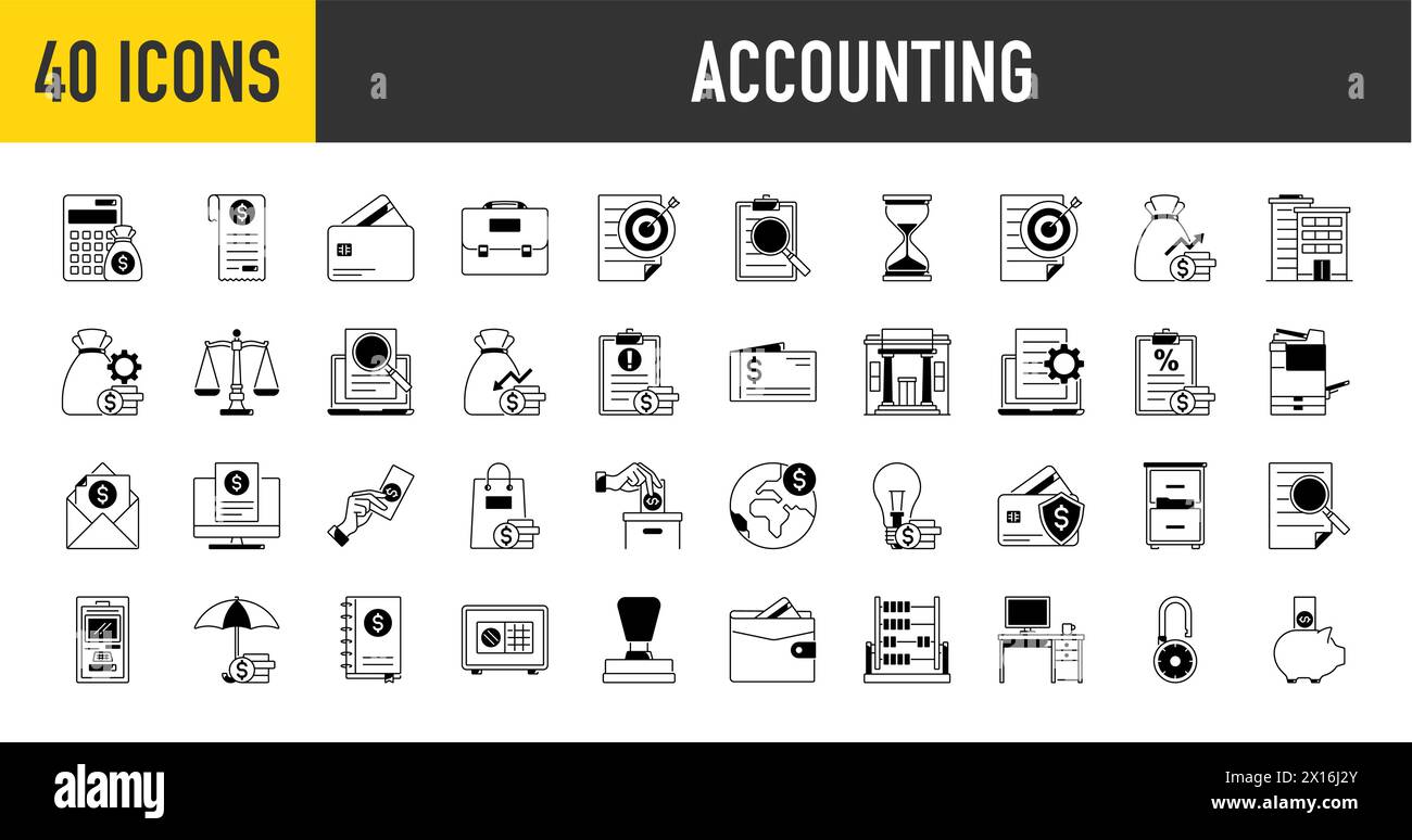 Set of icon related to accounting income, salary, money, bank, brief ...