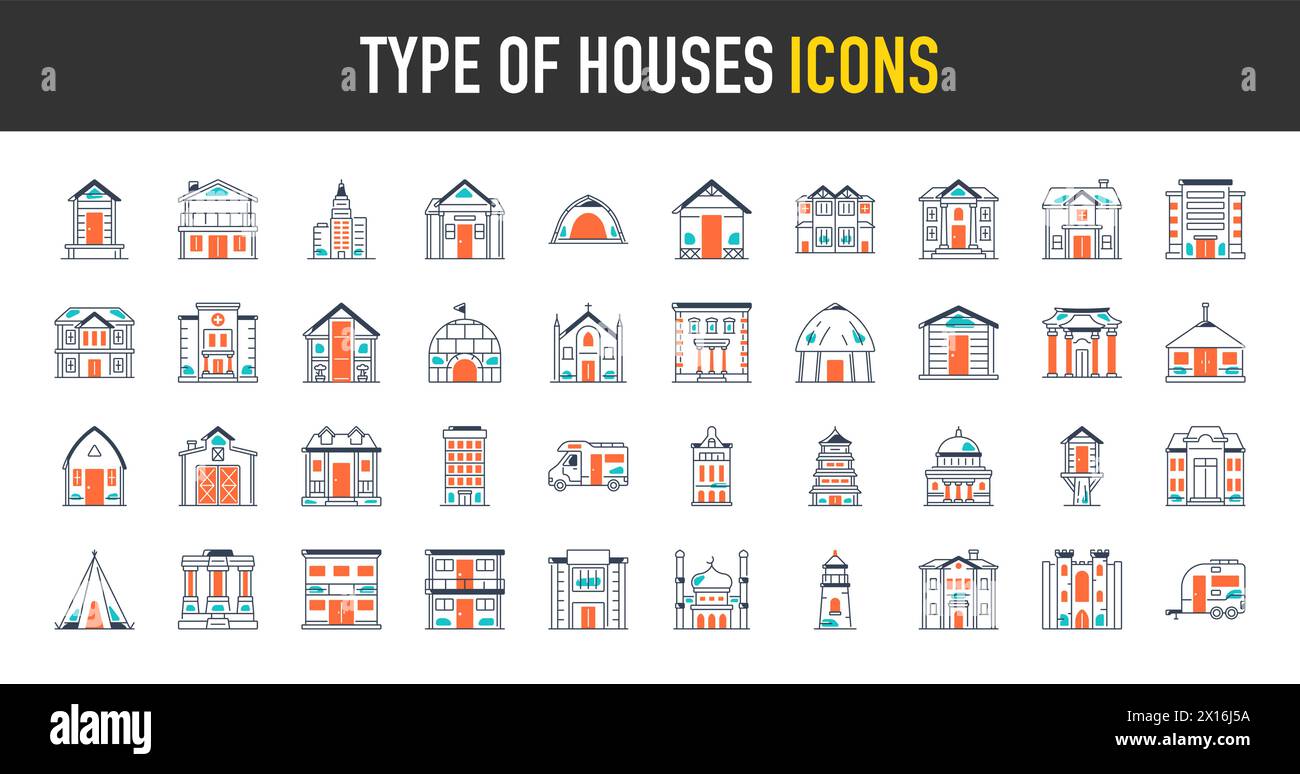 Type of houses. Set of icons of big city buildings. Urban architecture ...
