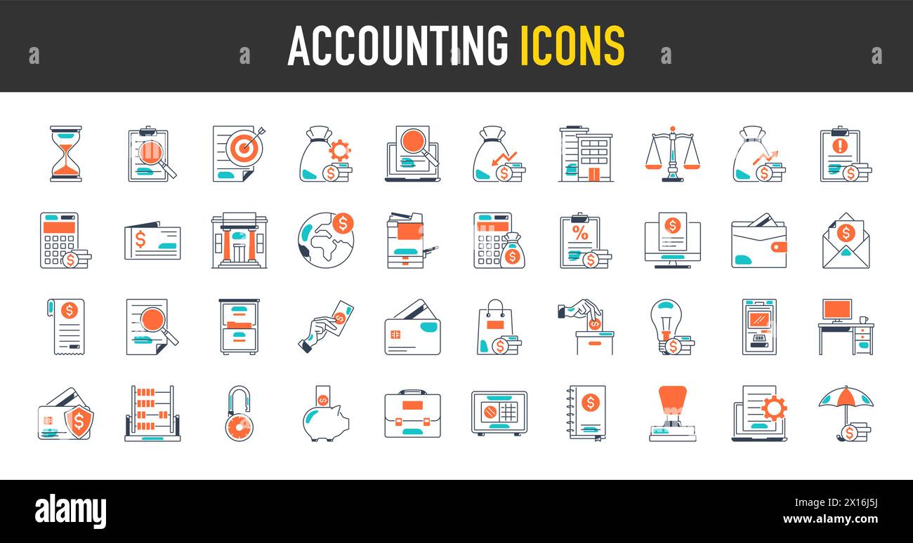 Set of icon related to accounting income, salary, money, bank, brief ...