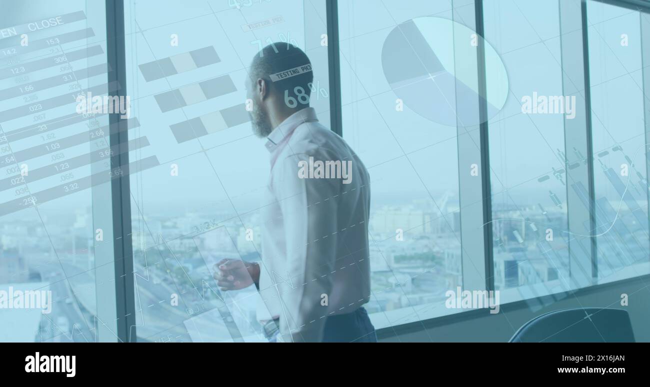 Image of financial data processing over african american businessman ...