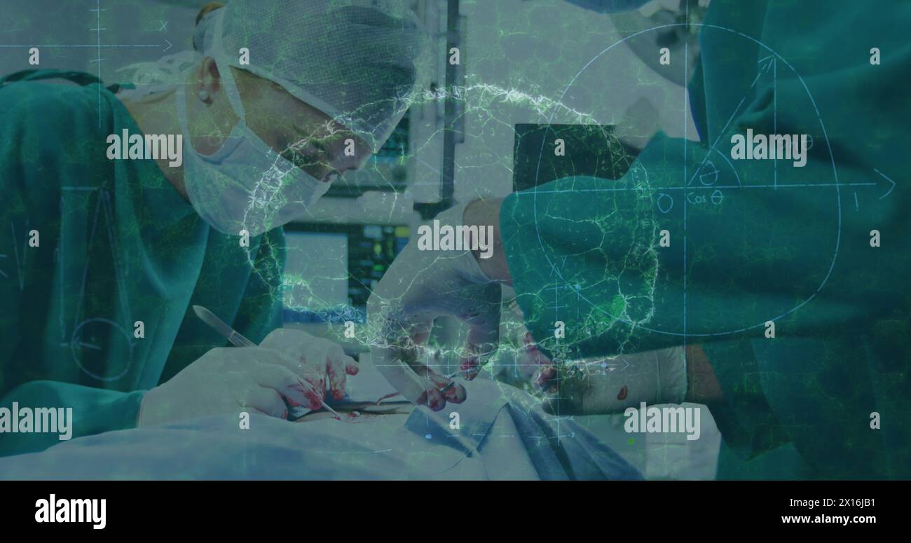 Image of human brain and data processing over female caucasian surgeon ...