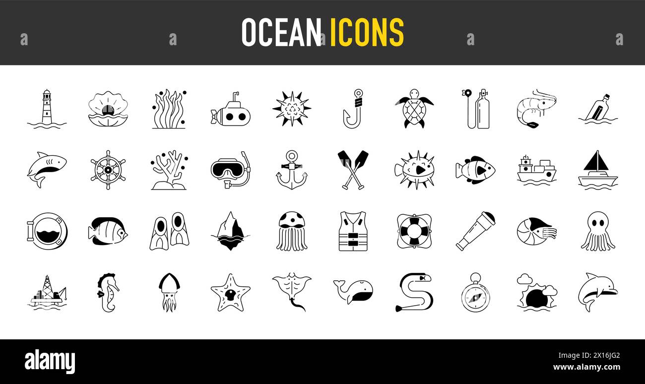 Sea and ocean icon set. Outdoor activities and marine life concept ...