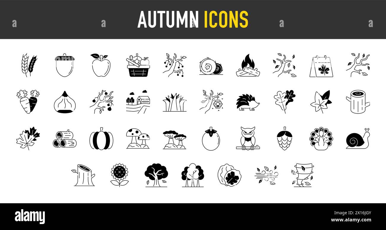 Set of autumn icons. Collection of fall related objects, plants and ...