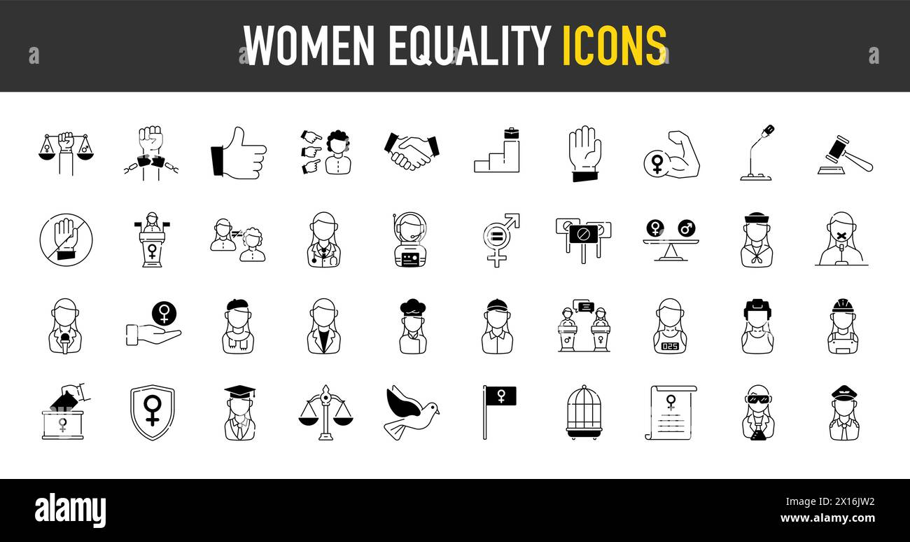 Set of women equality vector icons. Such as female sign, law, justice ...