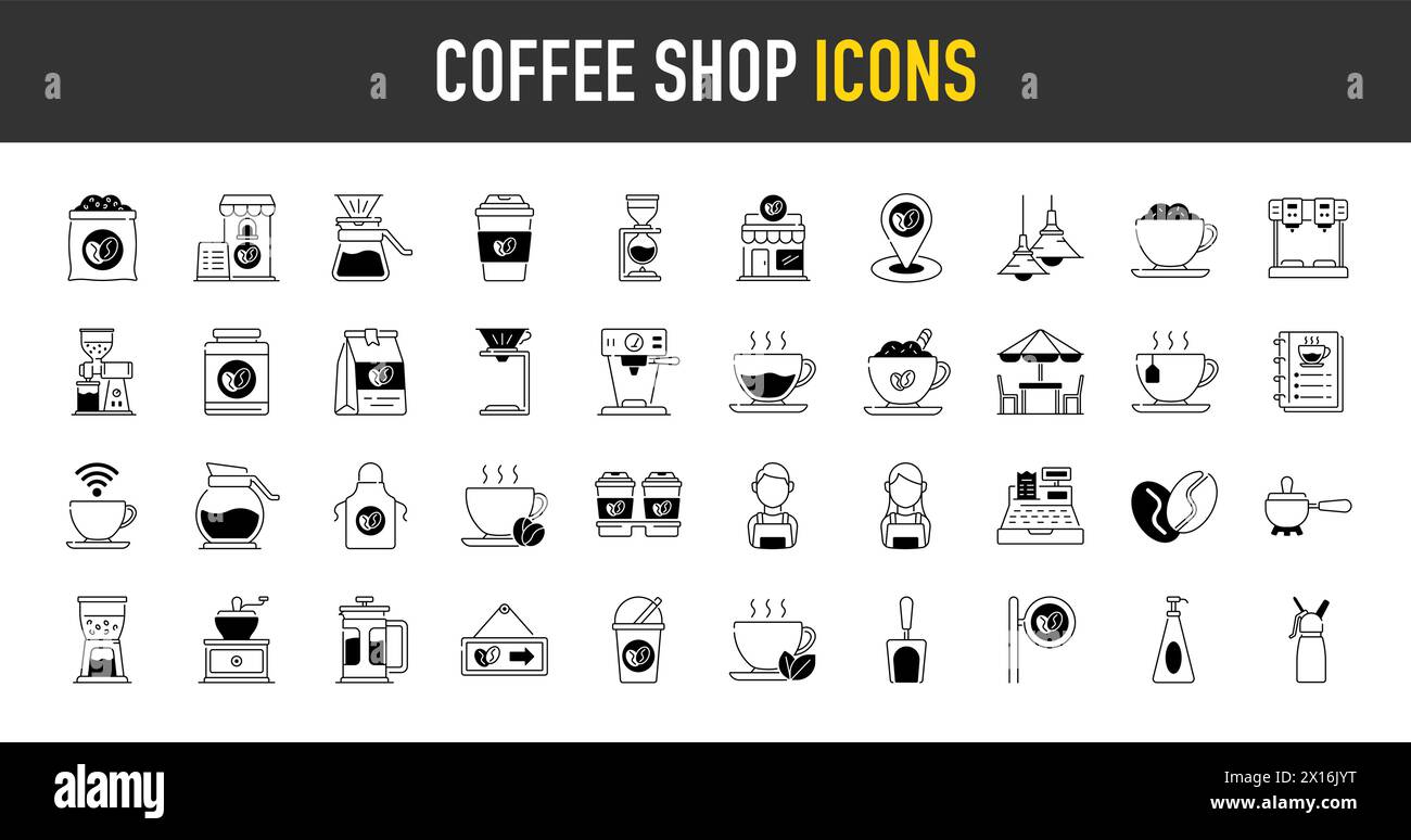 Coffee shop icons. Beans, hot cocktail and coffee maker machine. Espresso cup, cappuccino with ...