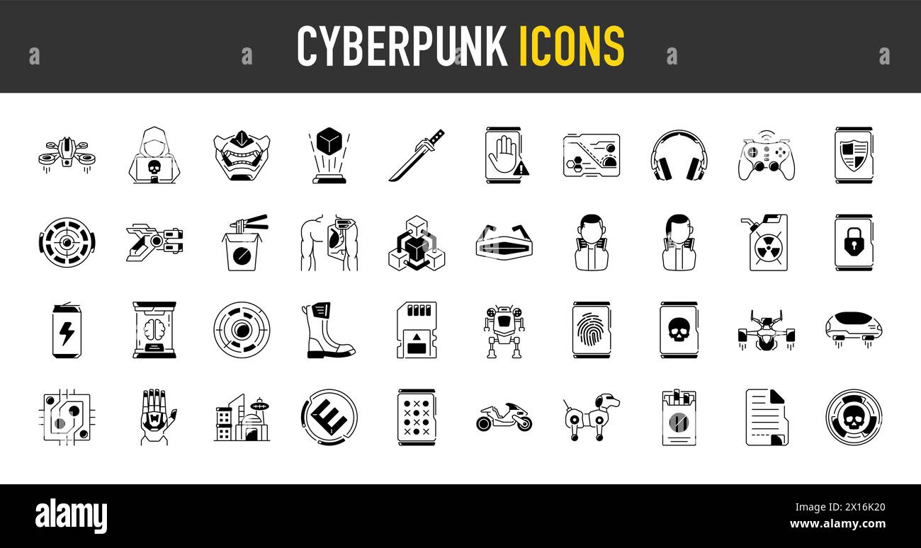 Cyber punk security icon set. Data protection symbol. Secured network ...