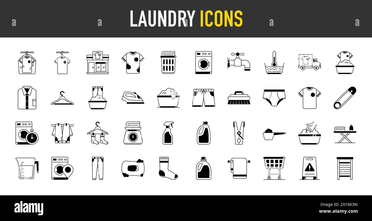 Vector set of laundry icons with of hand washing, dress, iron, washing ...