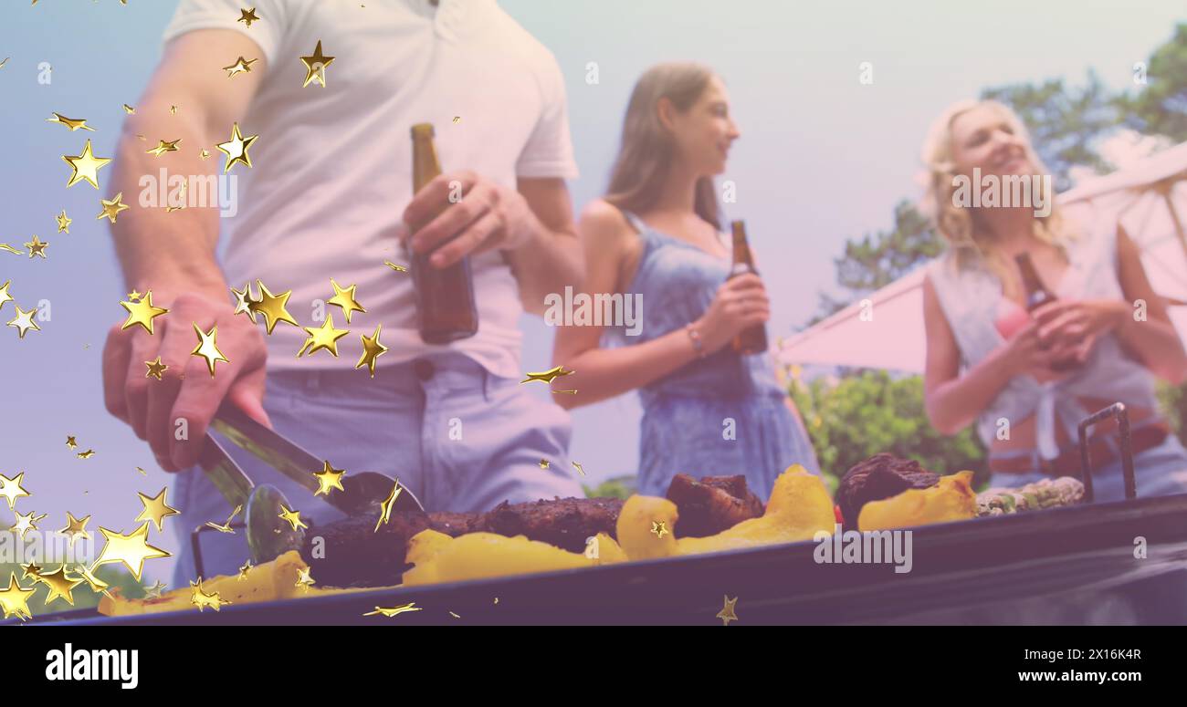 Image of stars over group of caucasian friends having bbq and drinking ...