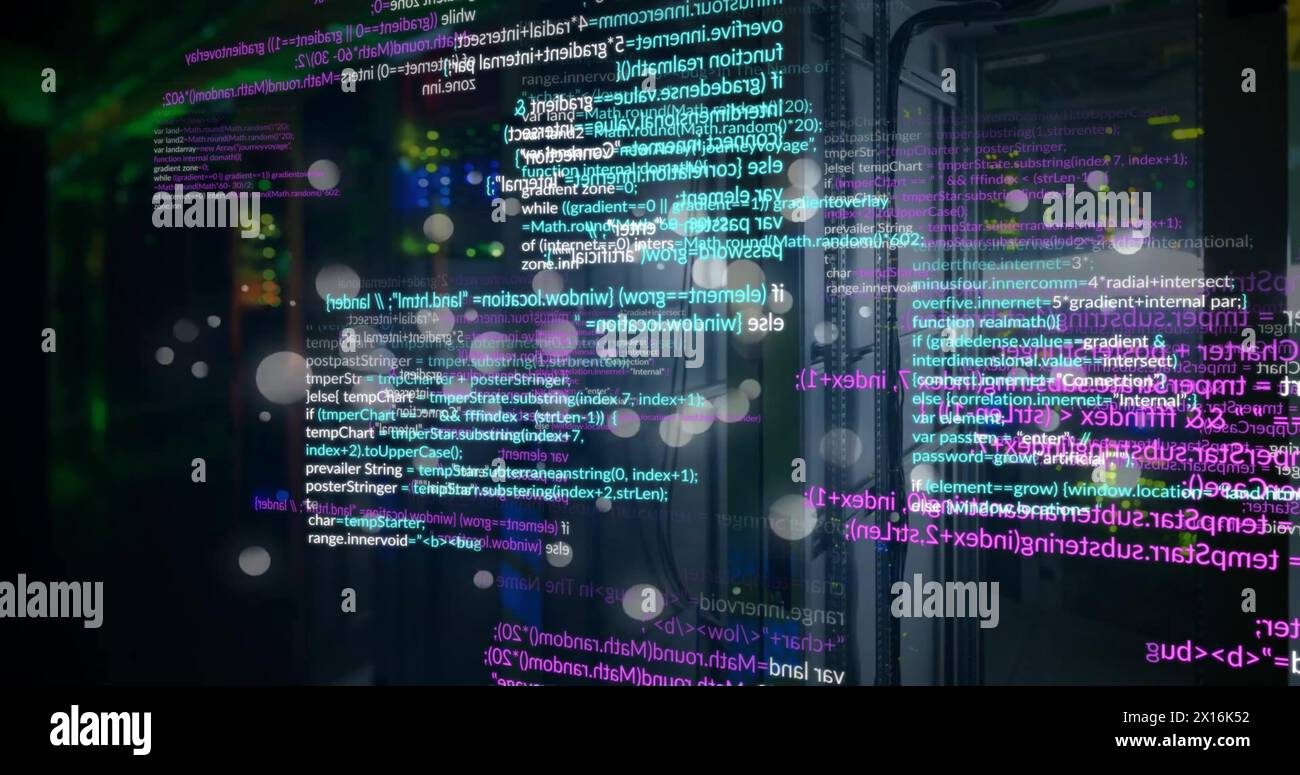 Image of data processing and light spots over server room on black background Stock Photo - Alamy
