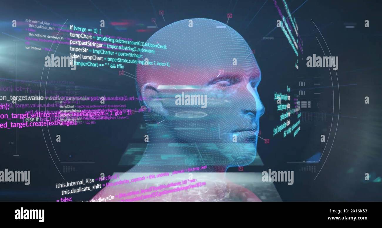 Image of data processing and scope scanning over digital human head on black background Stock ...