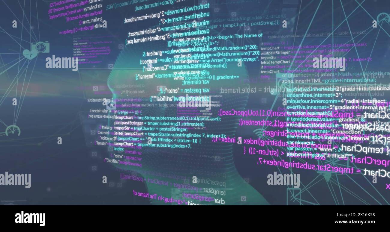 Image of data processing and network of connections over digital human head on black background ...