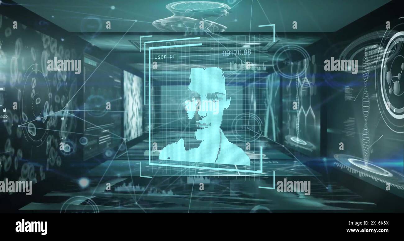 Image of data processing with people portraits and network of ...