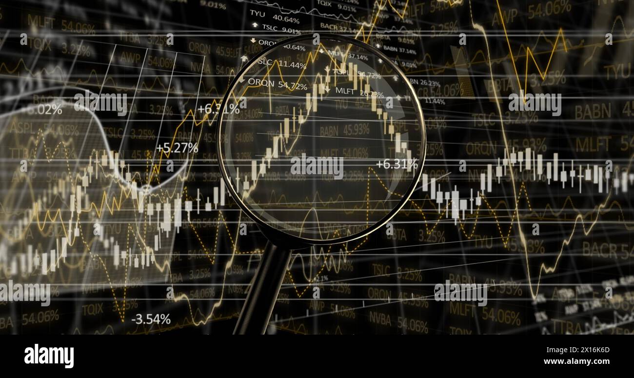 Image of magnifying glass over financial data processing Stock Photo ...