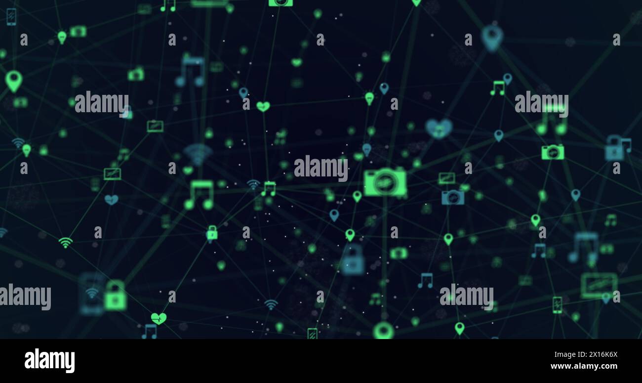 Image of network of connections with icons on black background Stock ...