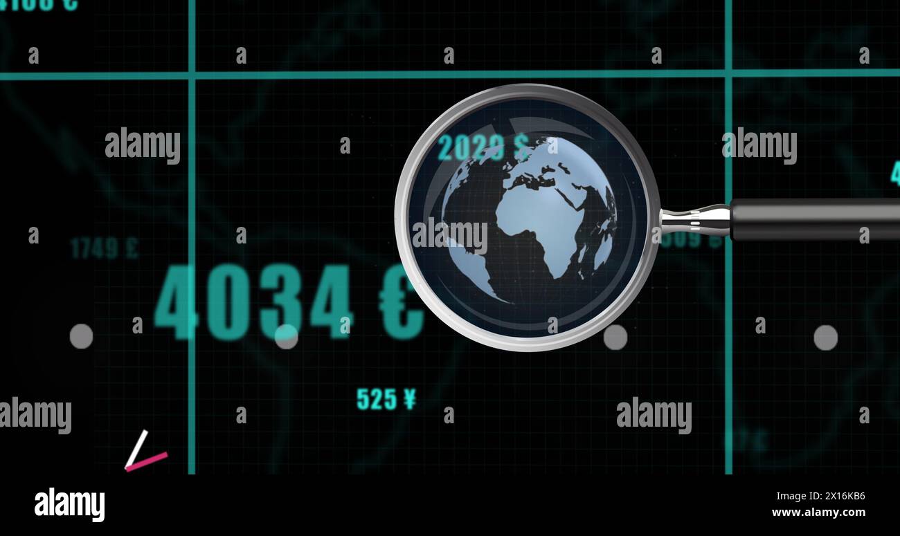 Image of world map and magnifying glass over financial data processing Stock Photo - Alamy