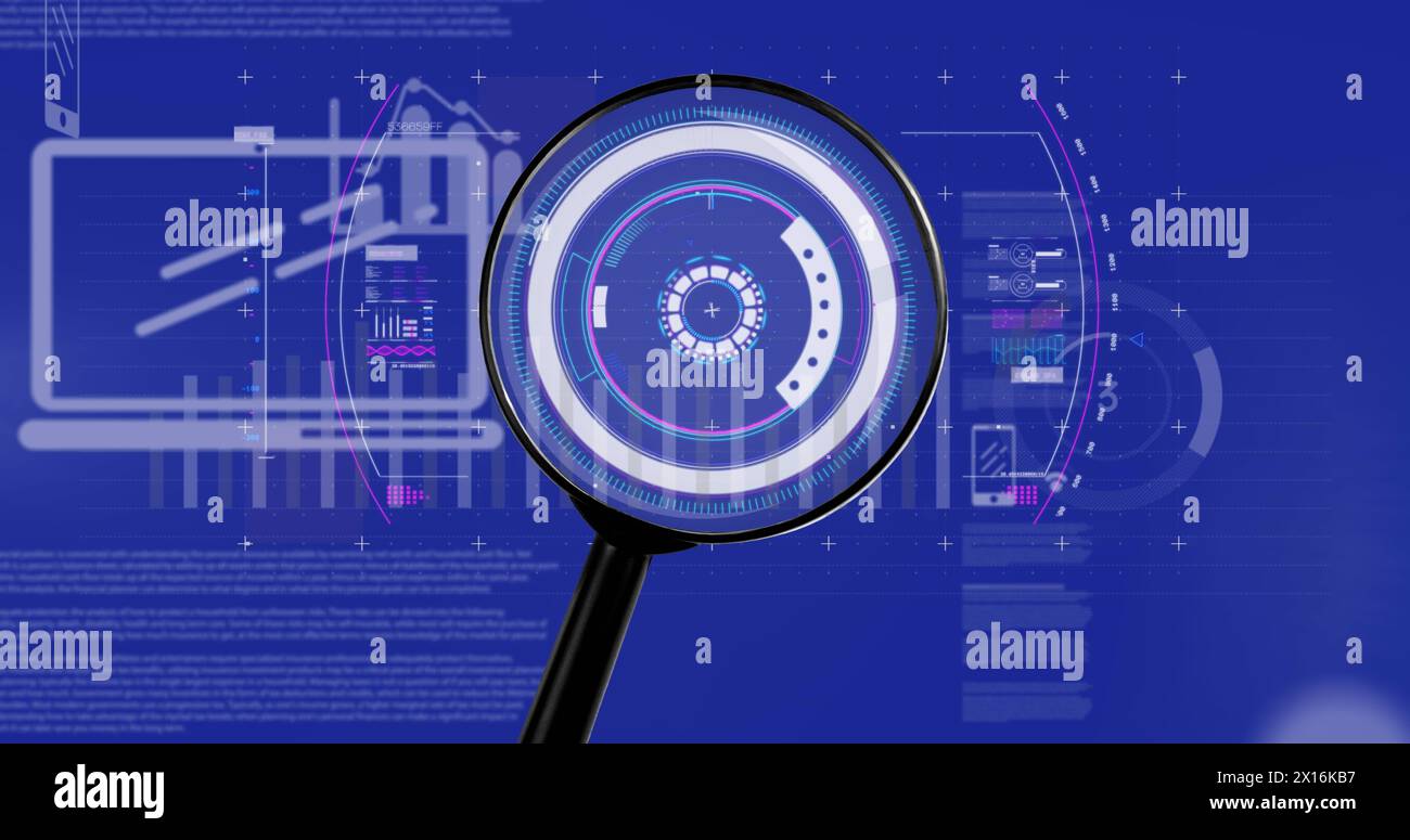 Image of financial data processing and magnifying glass over navy ...