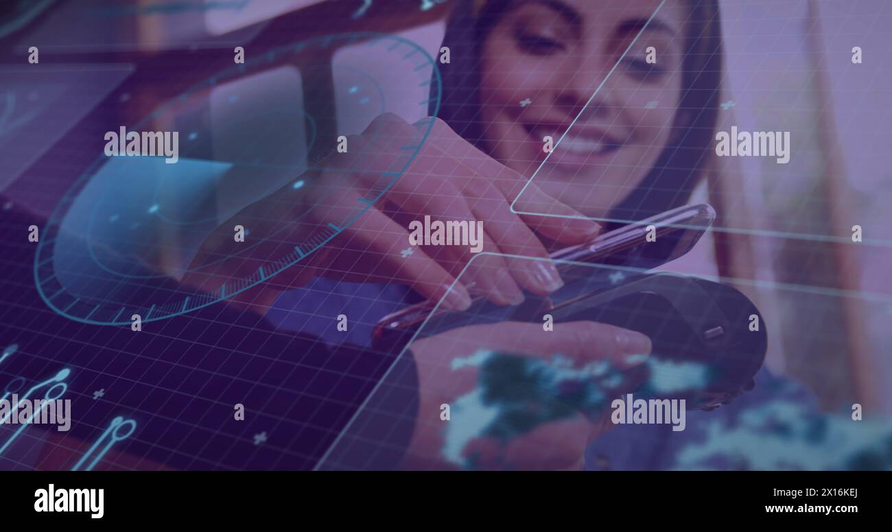 Image of financial data processing over caucasian womenusing payment ...