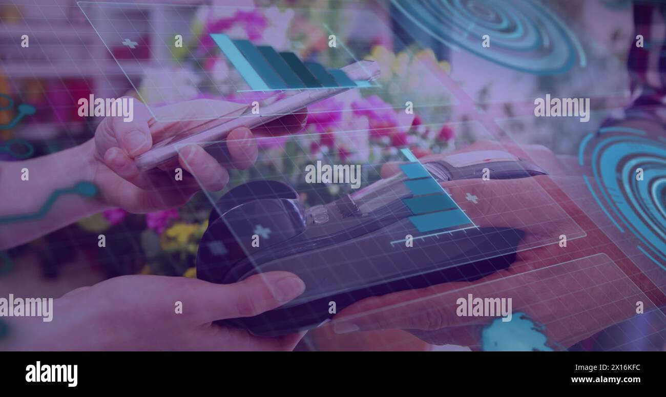 Image of financial data processing over people using payment terminal ...