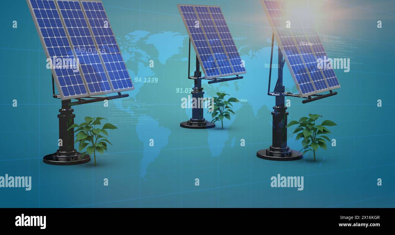 Image of solar panels over world map and numbers Stock Photo - Alamy
