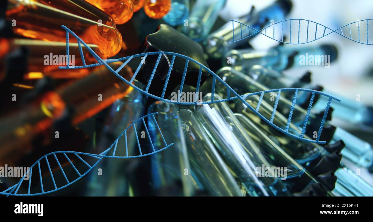 Multiple dna structures spinning against multiple test tubes in ...