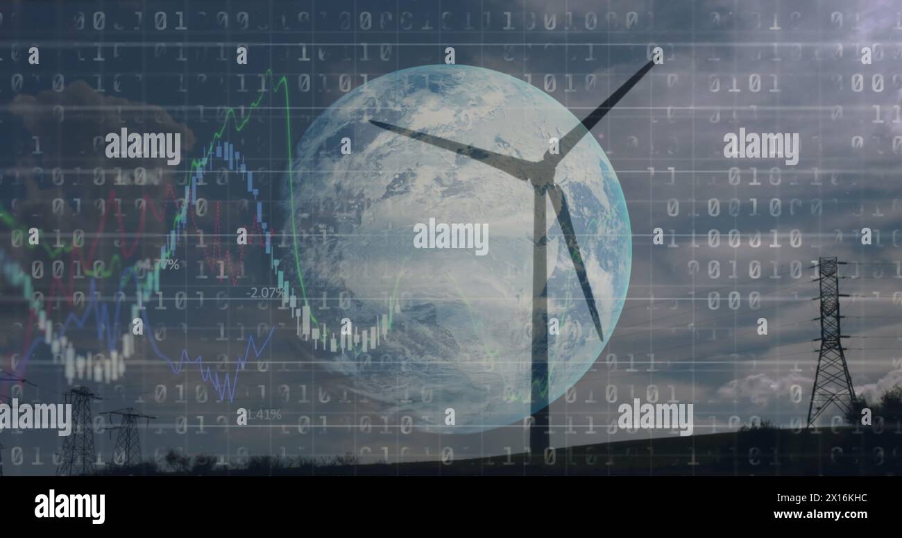 Image Of Financial Data Processing Binary Coding Over Earth And Wind