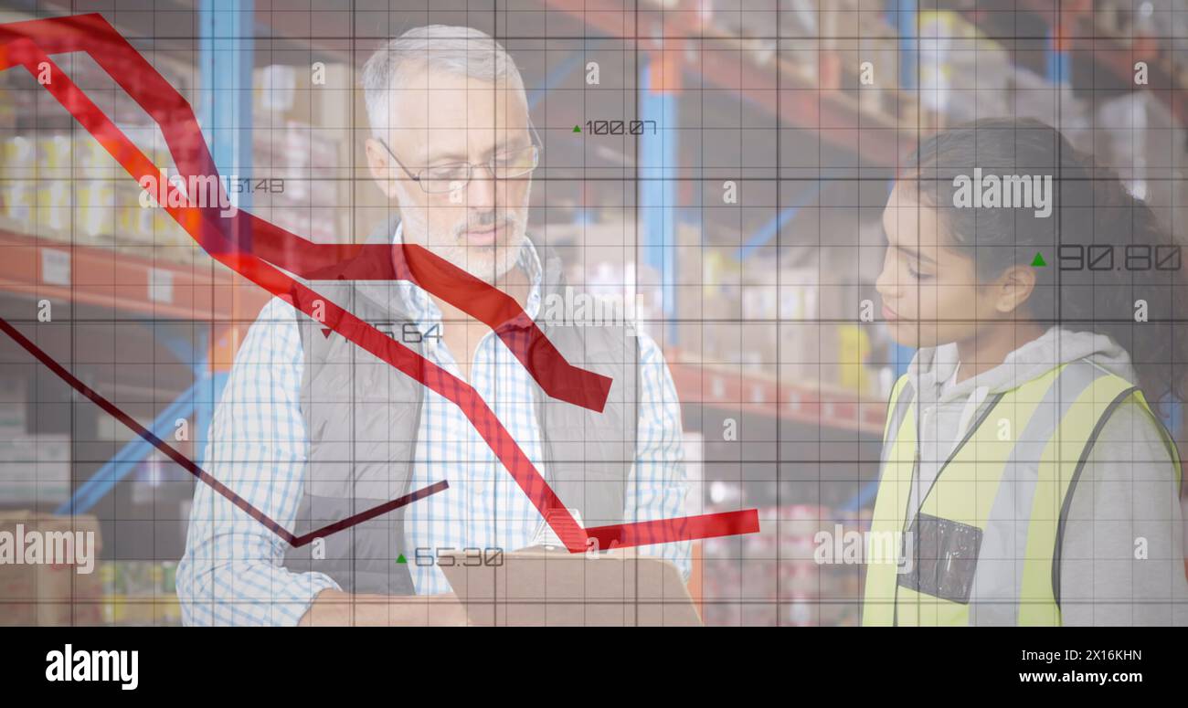 Image of financial graphs over diverse female and male warehouse ...