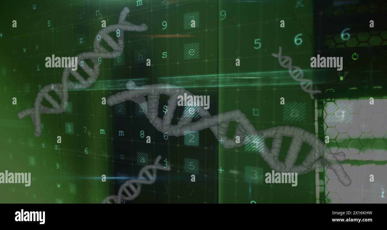 Image of data processing and dna strands spinning Stock Photo - Alamy