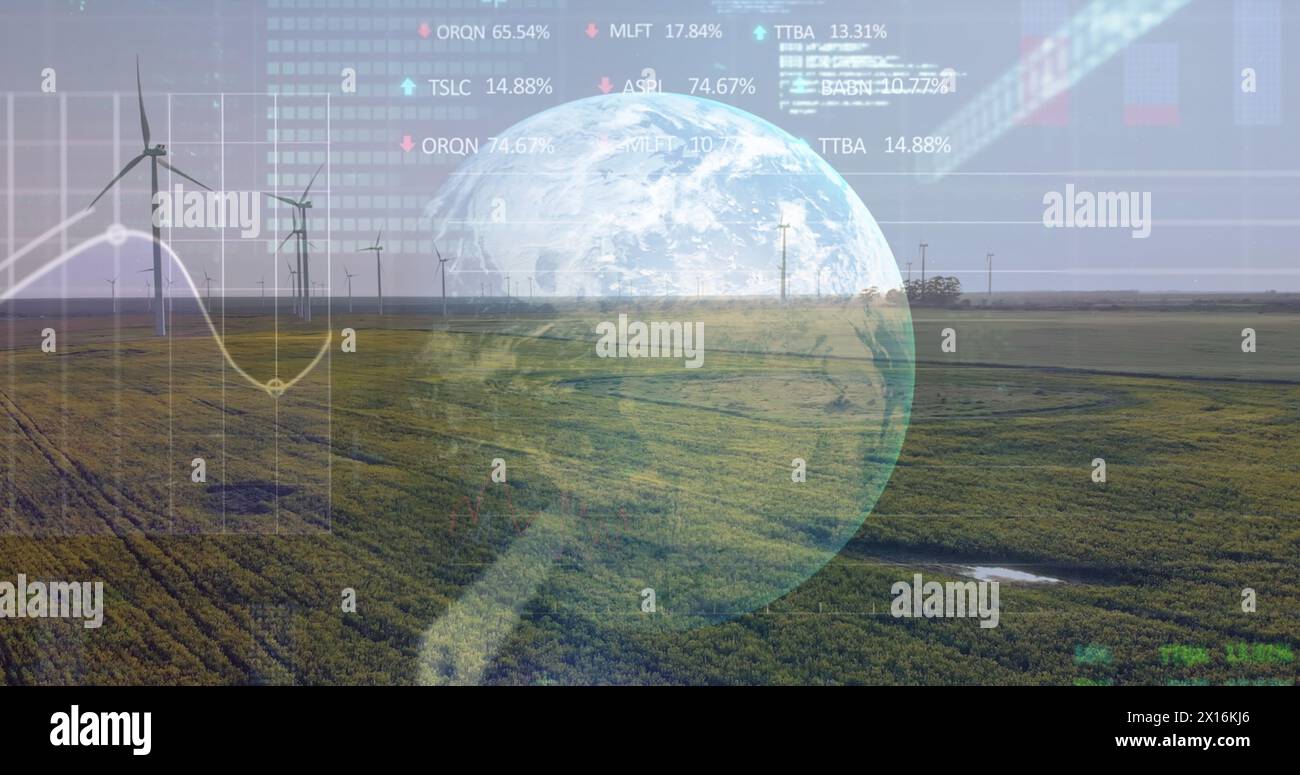 Image of globe and data processing over landscape. Global connections ...