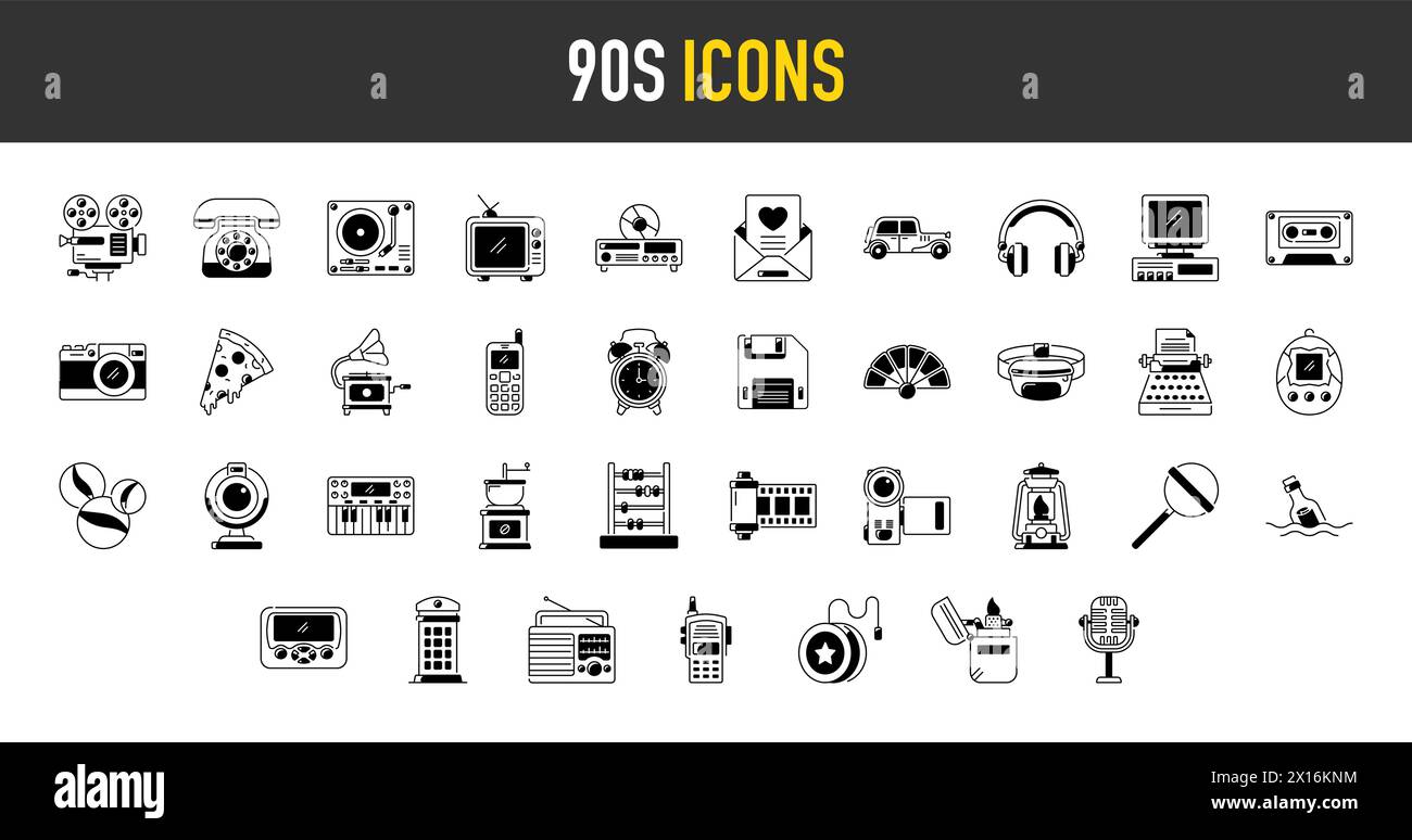 Set of retro 90s vector icons. Such as pizza, television, cellphone ...