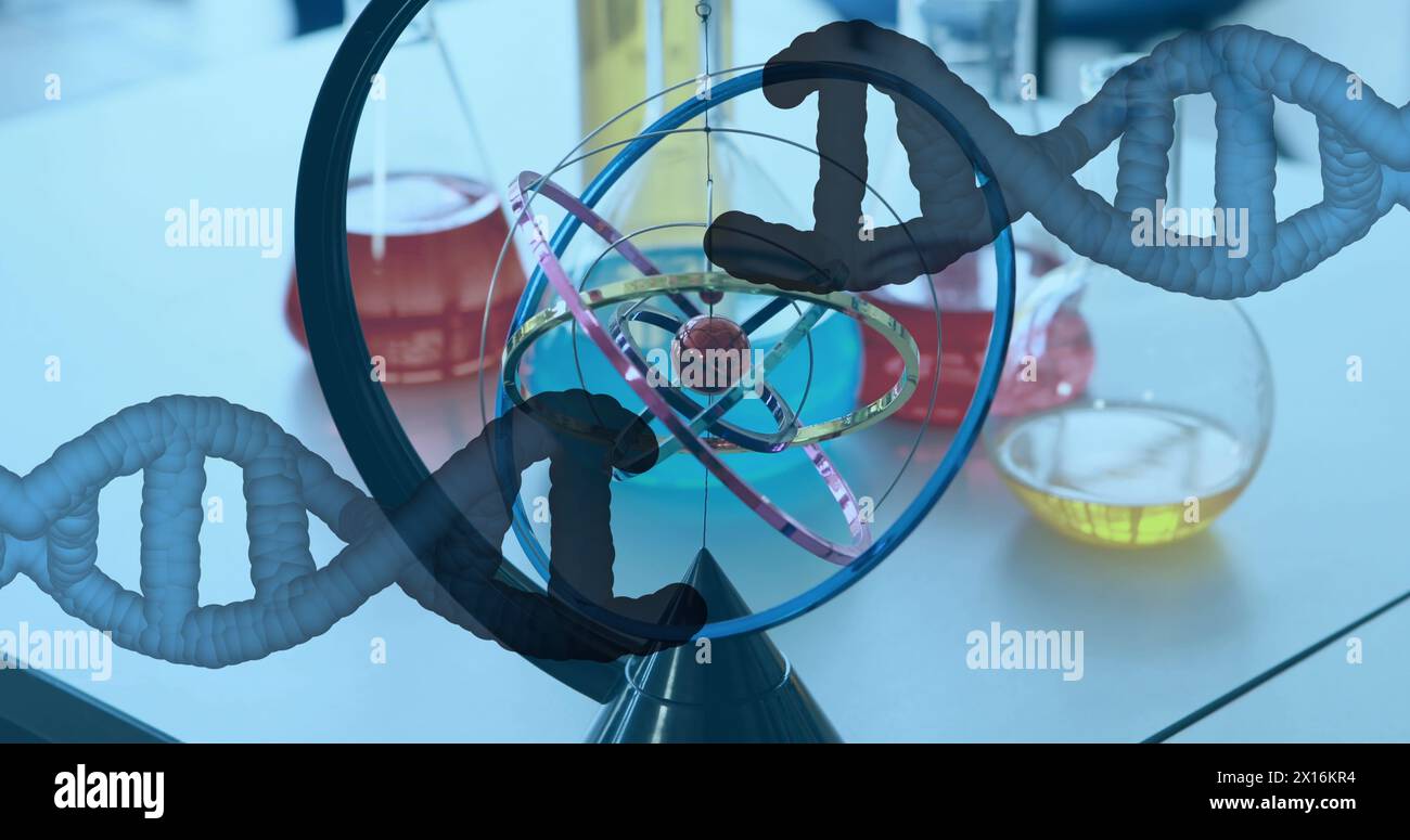 Two dna structures spinning against close up of laboratory equipment ...