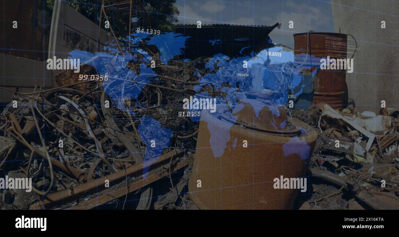 Image of numbers floating over world map against scrap at junkyard ...