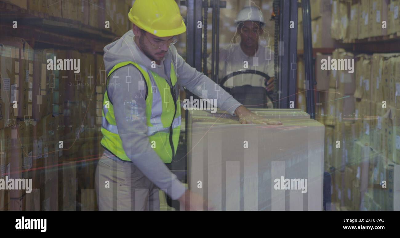 Image of data processing over caucasian male worker stacking delivery ...