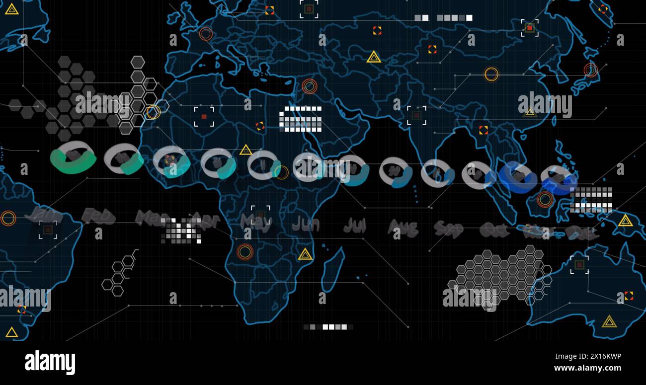 Image of graphs, world map and icons on black background Stock Photo ...