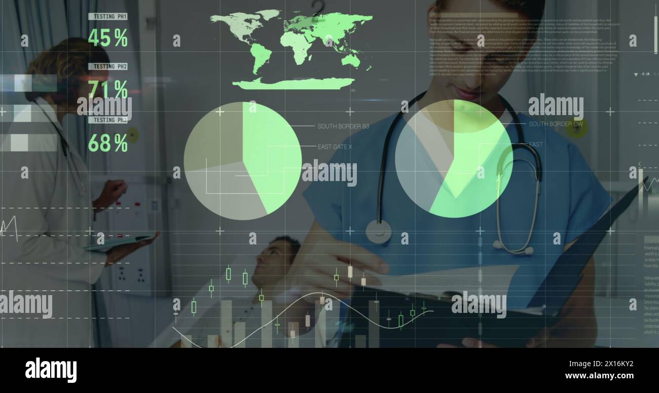 Image of data processing over caucasian female doctor and male nurse ...