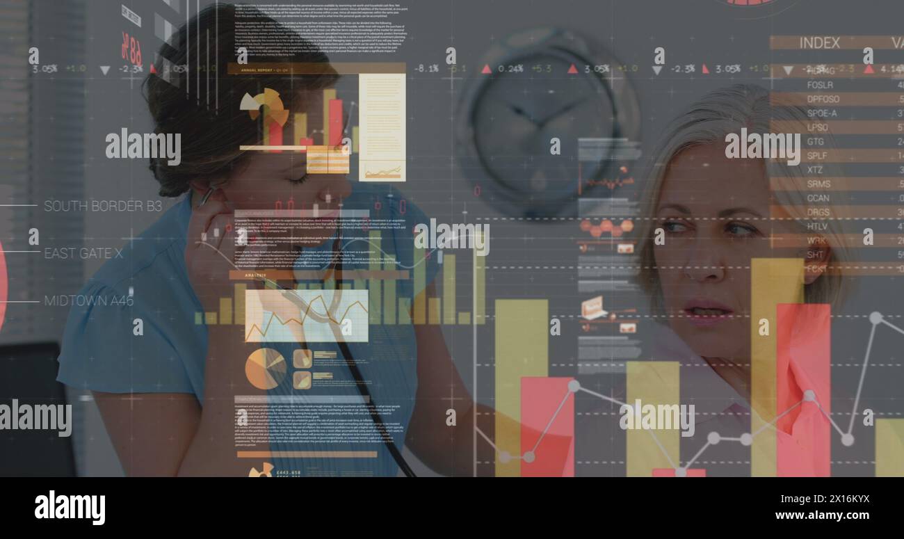 Image of data processing over caucasian female nurse with patient talking Stock Photo - Alamy