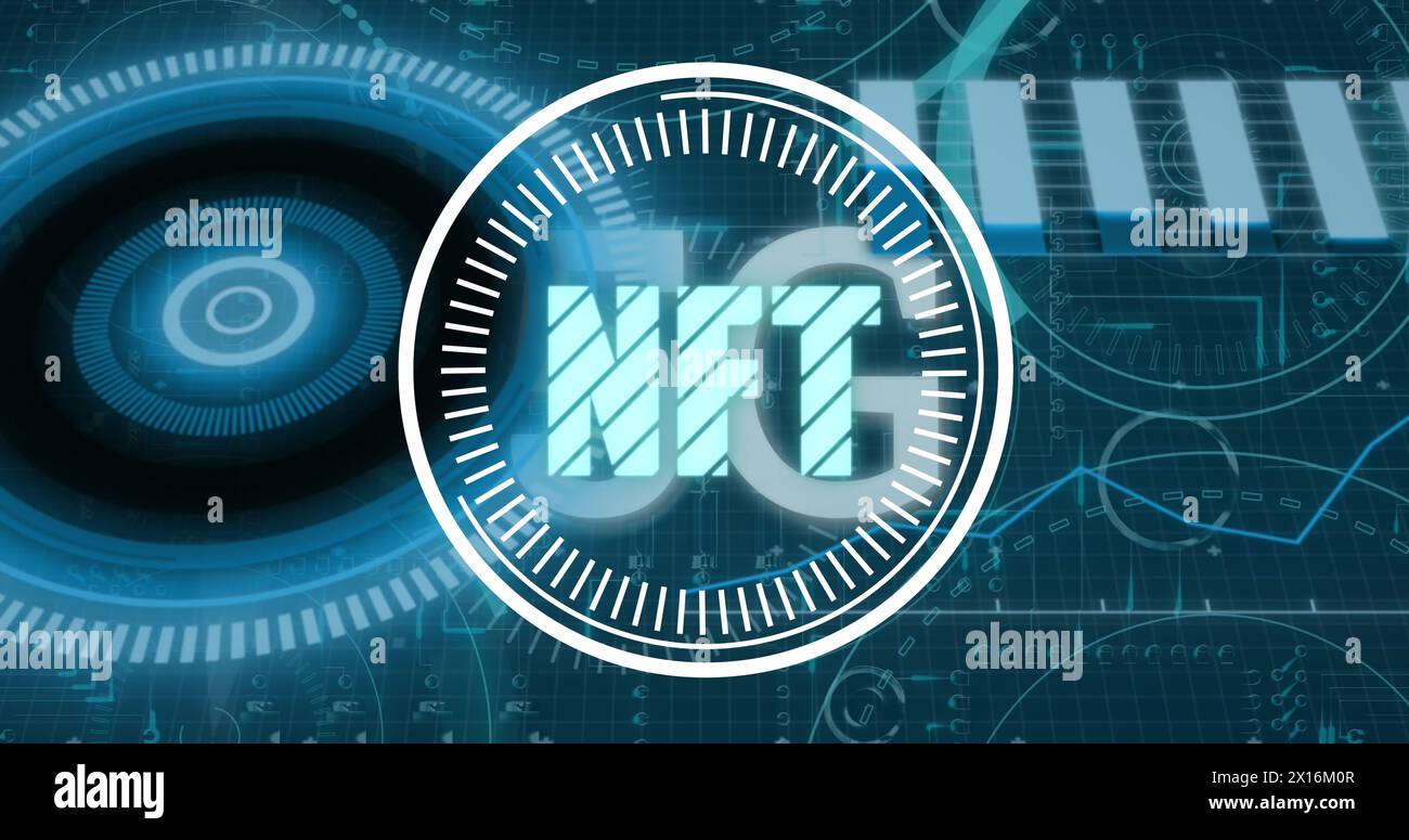 Image of digital interface with scan scoping and nft text over blue ...