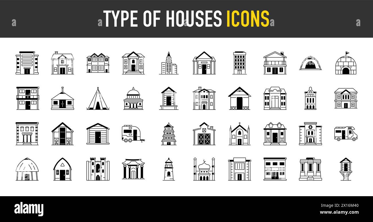 Type of houses. Set of icons of big city buildings. Urban architecture ...
