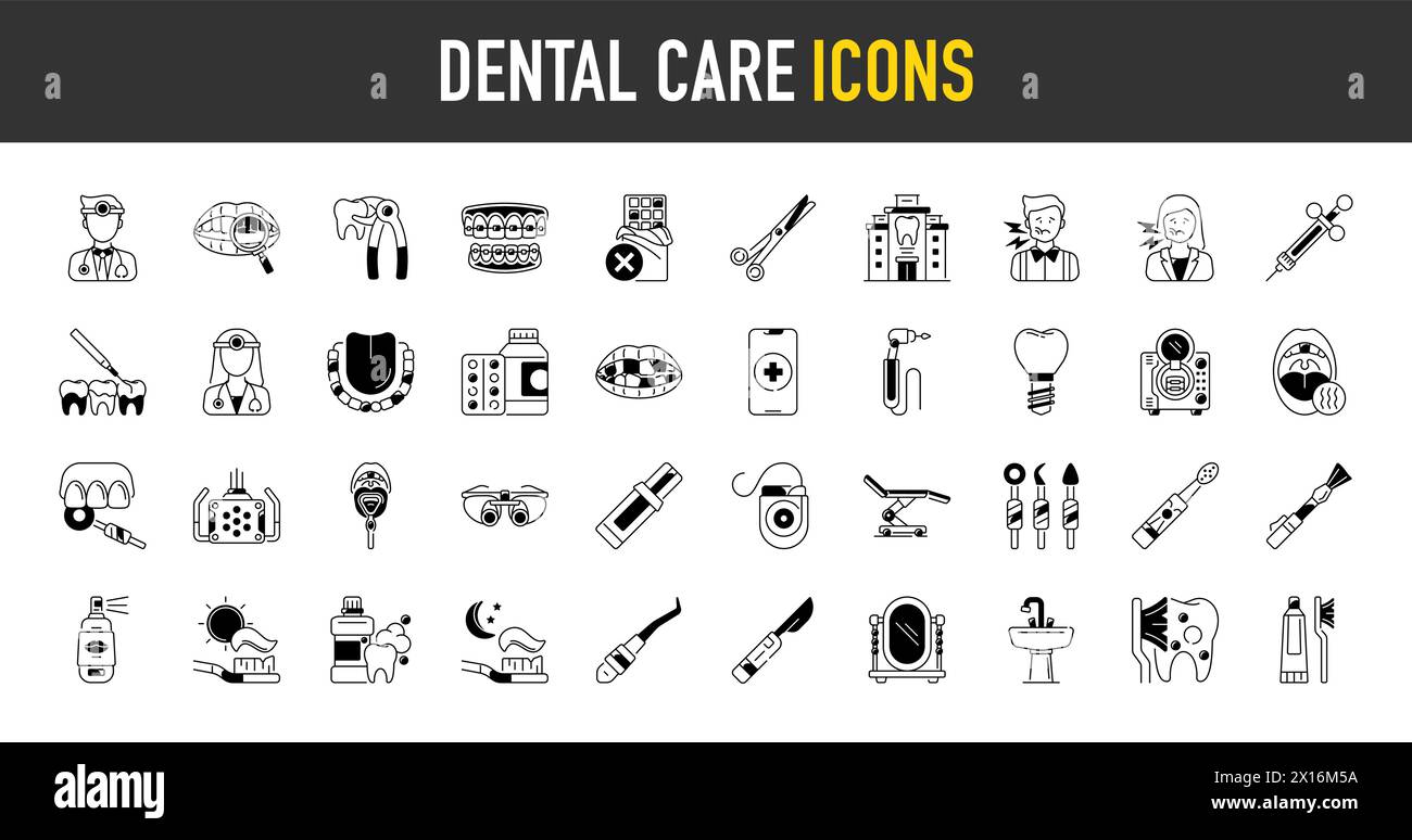 Dental care icons. Vector illustration include icon - implant, braces ...