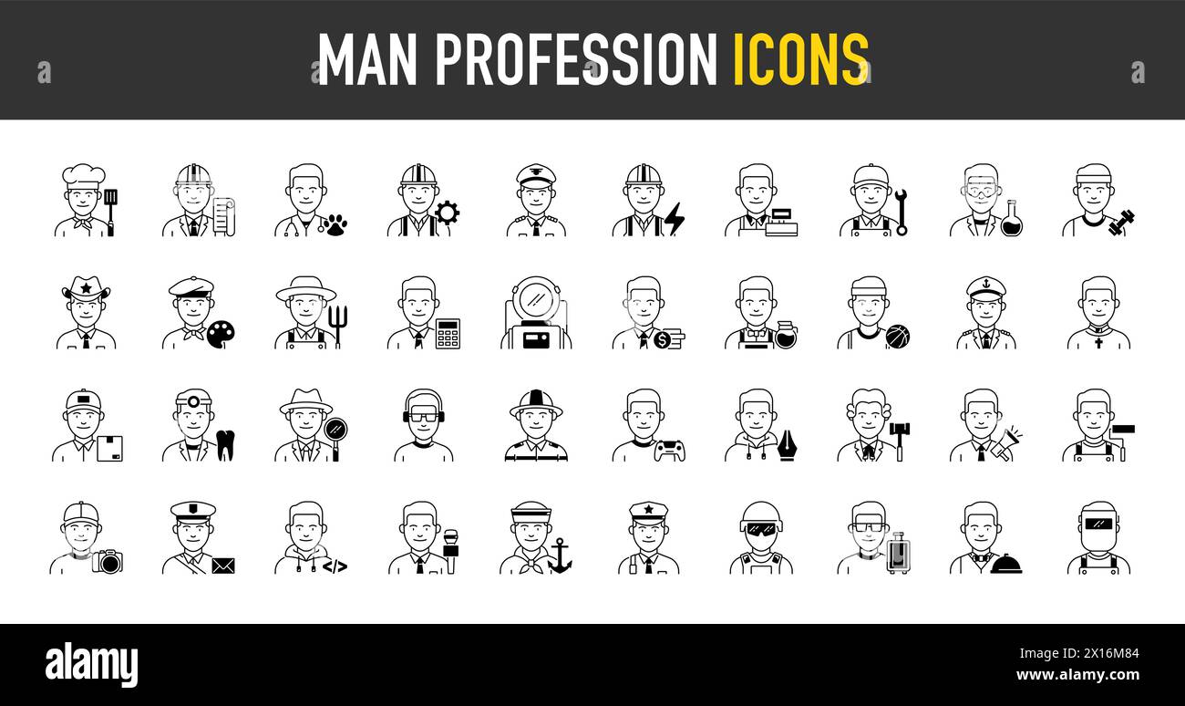 Man professions icons set. Occupations, Workers, Lawyer, Chef, Doctor ...