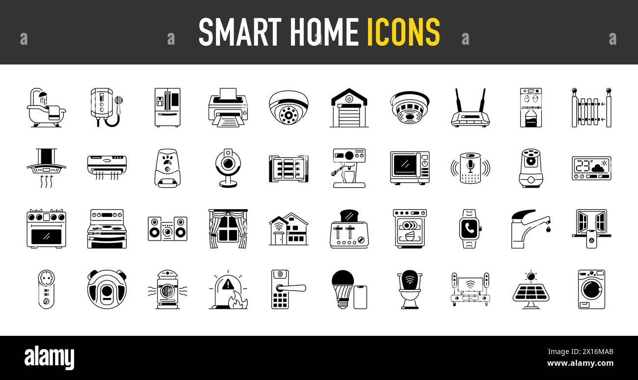 Collection of smart house icons. control of lighting, heating, air ...