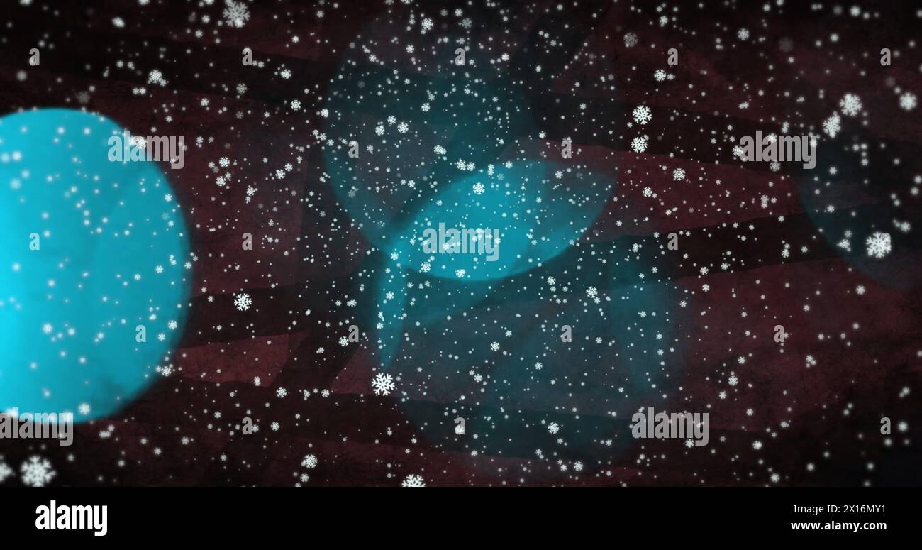 Digital image of blue lens flare and snowflakes falling against lines ...