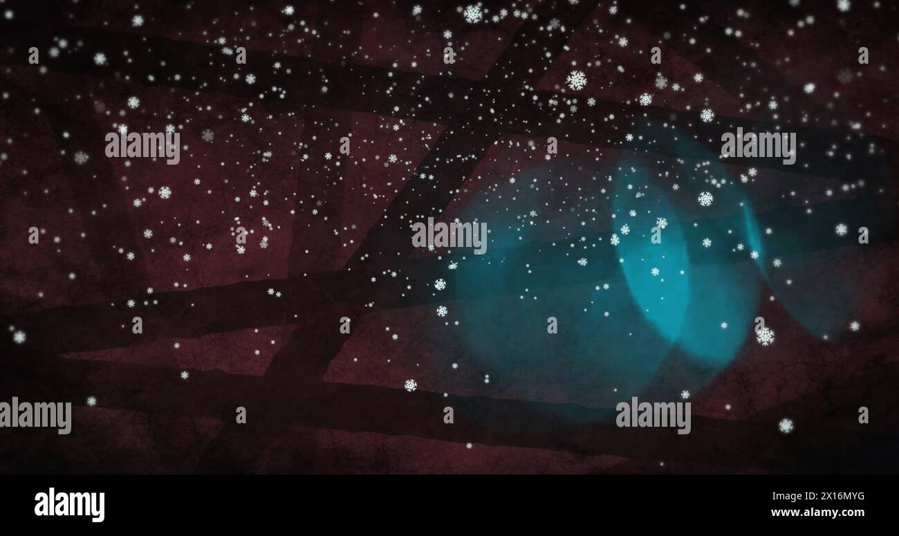 Digital image of blue lens flare and snowflakes falling against lines ...