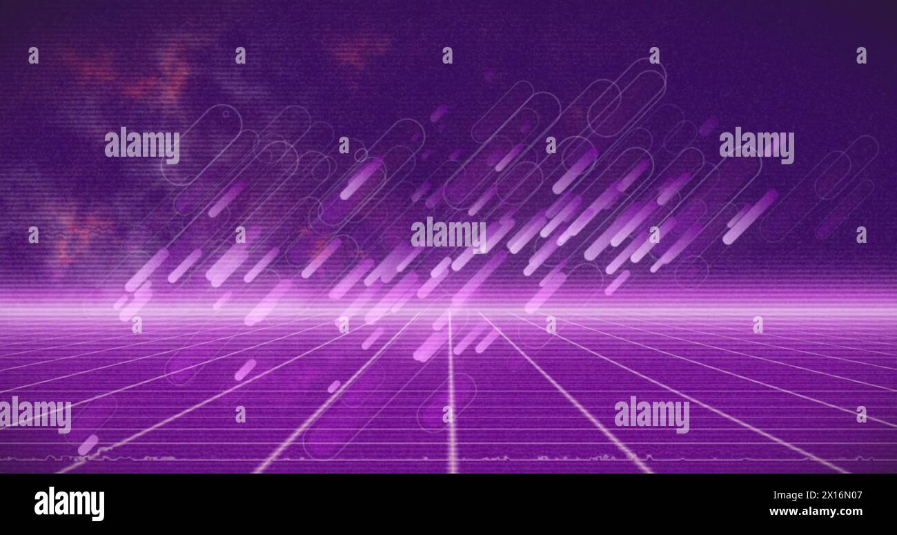 Digital image of graphical displays falling over grid pattern against ...