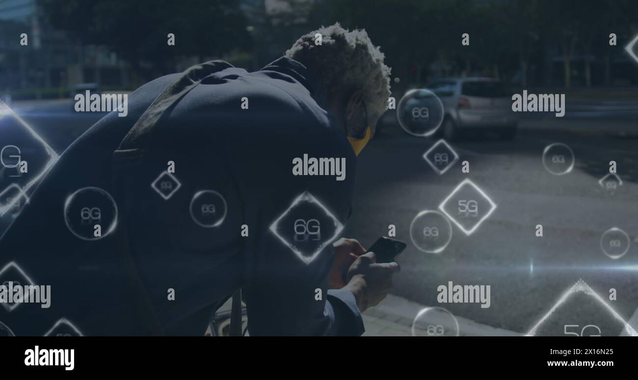 Image of graphical 5g and 6g text over african american man with mask ...