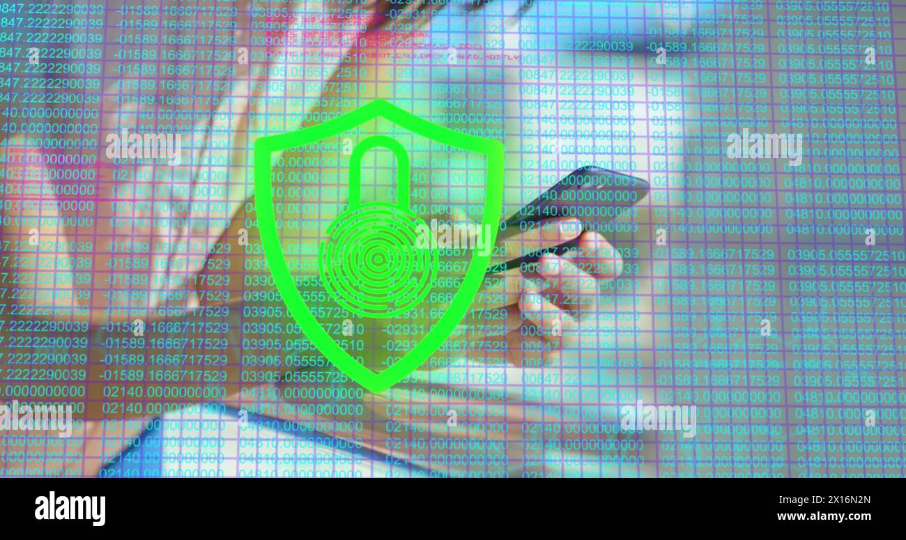 Image of number and digital padlock over hands of asian woman using ...