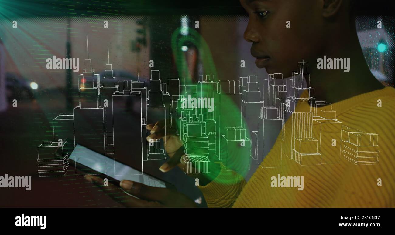 Image of tech icons and metaverse city over african american woman ...