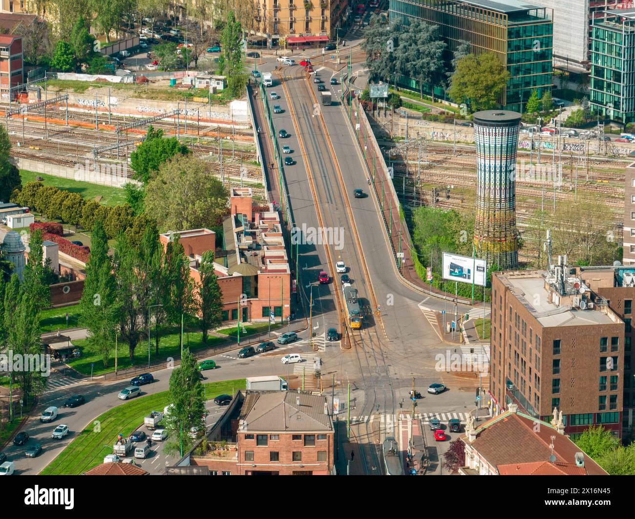 Aerial view of the via Carlo Farini bridge and tracks leading to ...