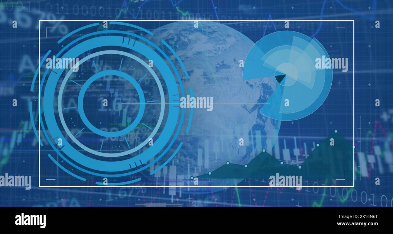 Image of globe, processing circles, graphs and financial data on digital screen Stock Photo - Alamy